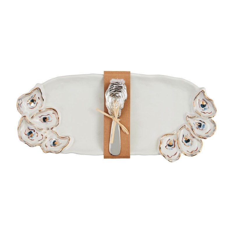6" x 15" White Oyster Shell Tray With a Spreader by Mud Pie - Wilford ...