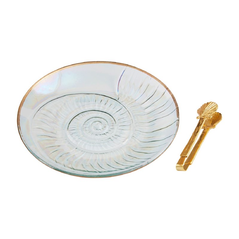 11" Round Gold Rim Glass Sea Shell Platter With Sea Shell Tongs by Mud ...