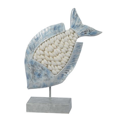 18" Blue and Silver Fish Statue on a Stand With Seashell Scales ...