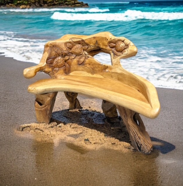 36" x 55" Carved Sea Turtle Teak Wood Coastal Bench - Wilford & Lee ...