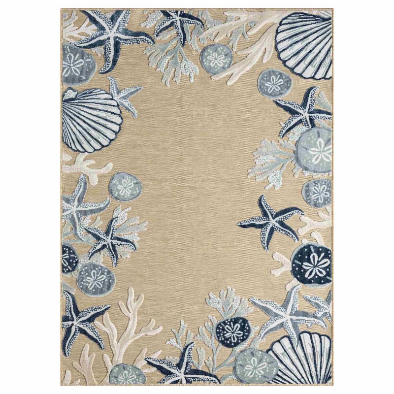 5' x 7' Natural and Blue Seashell Veranda Indoor/Outdoor Rug - Wilford ...