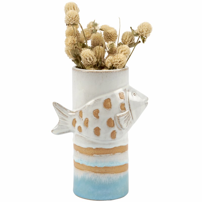 7" White and Blue Coastal Ceramic Fish Vase - Wilford & Lee Home Accents