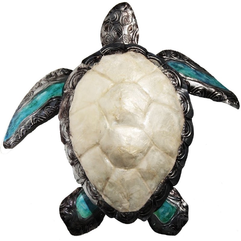 15" x 13" White, Blue, and Distressed Silver Coastal Capiz Sea Turtle ...