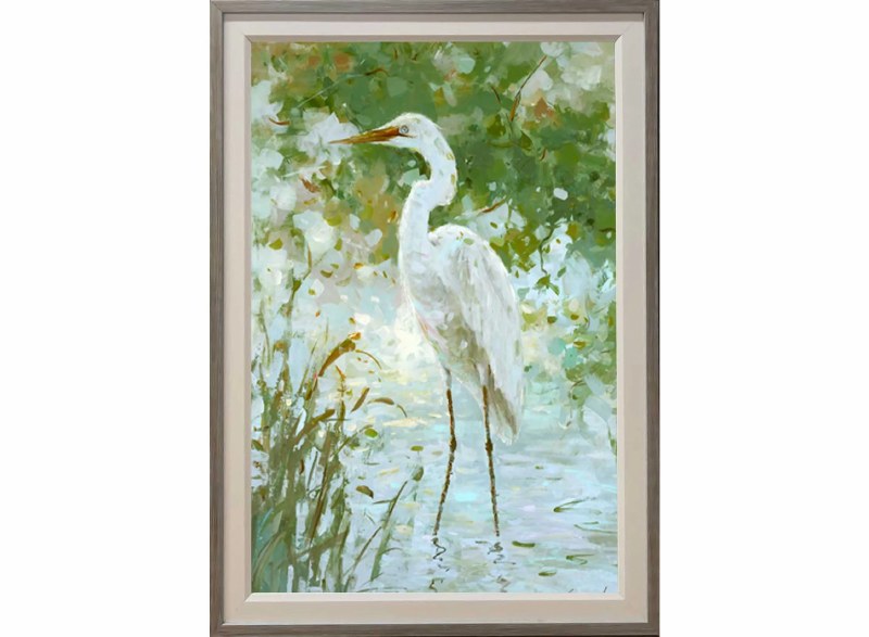 41" x 29" White Egret in the Leaves 2 Gel Textured Coastal Print in a ...