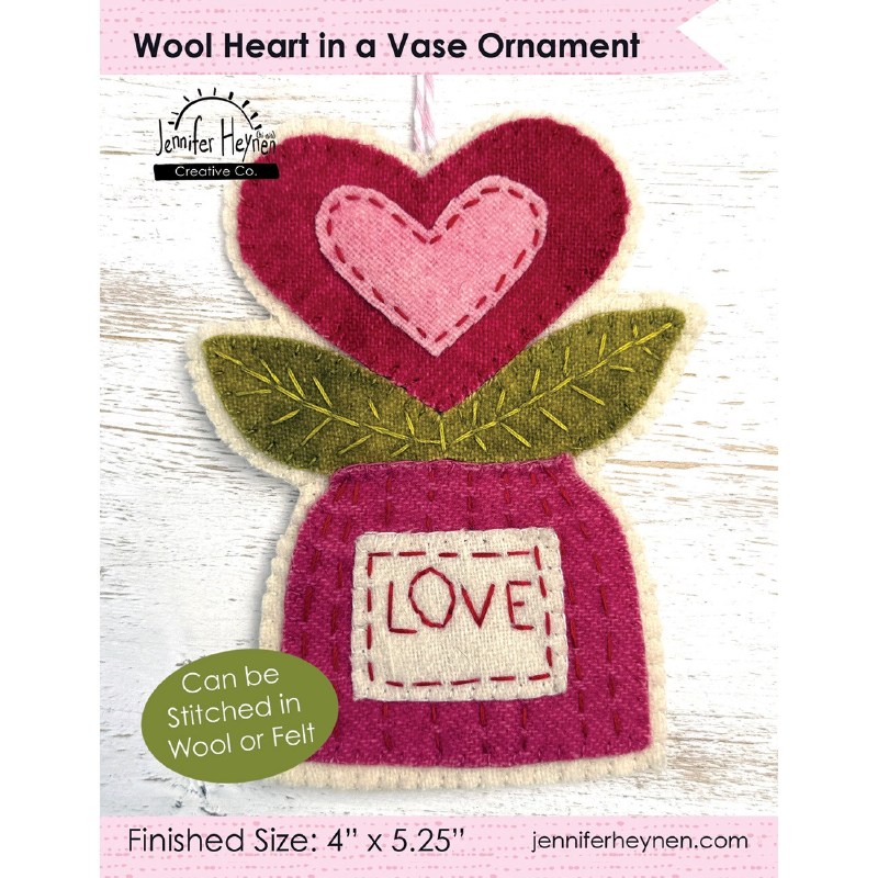 Wool Heart In Vase Ornament - Prairie Point Junction