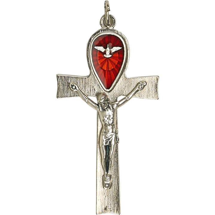 SILVER TONE CRUCIFIX WITH RED ENAMEL HOLY SPIRIT - Divine Mercy Gift Shop