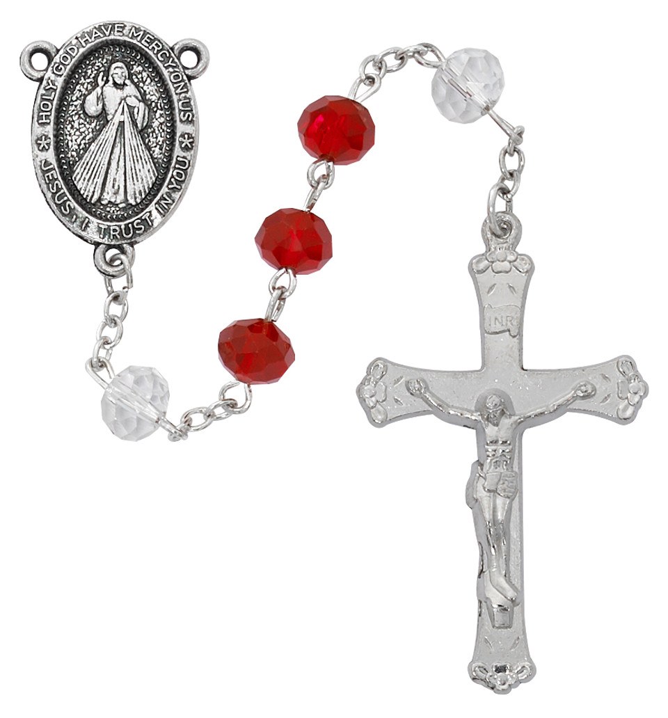 RED/CRYSTAL BEAD ROSARY WITH DIVINE MERCY - Divine Mercy Gift Shop
