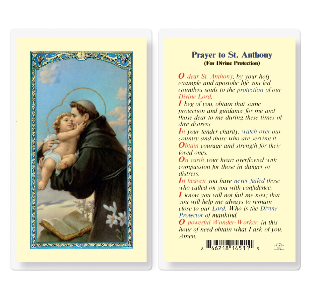 ST ANTHONY DIVINE PROTECT LAMINATED PRAYERCARD - Divine Mercy Gift Shop