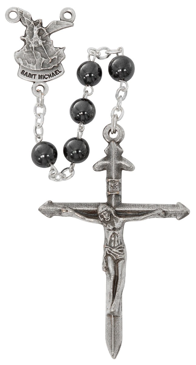 ST MICHAEL HEMATITE ROSARY W/ SWORD CRUCIFIX - Divine Mercy Gift Shop
