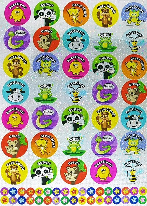 Sparkling Praise Word Animals & Smiley Star Stickers 35mm & 10mm (A4 ...